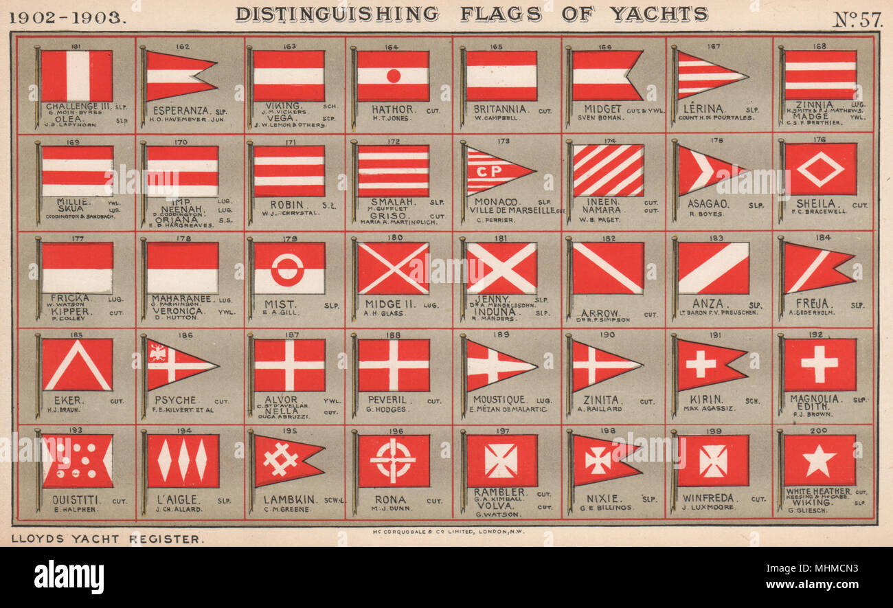 YACHT FLAGS. Red & White (5) 1902 old antique vintage print picture ...