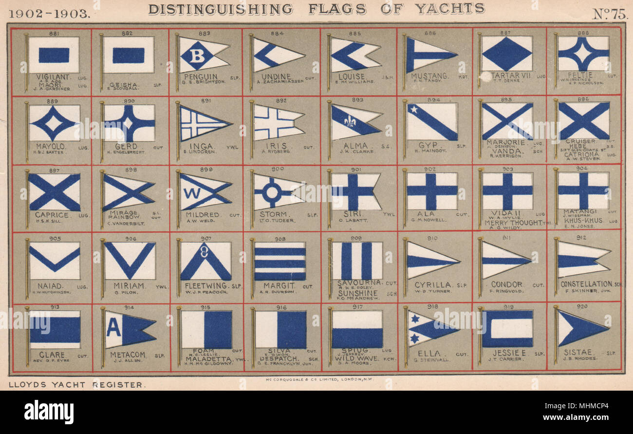 YACHT FLAGS. Blue & White (2) 1902 old antique vintage print picture ...