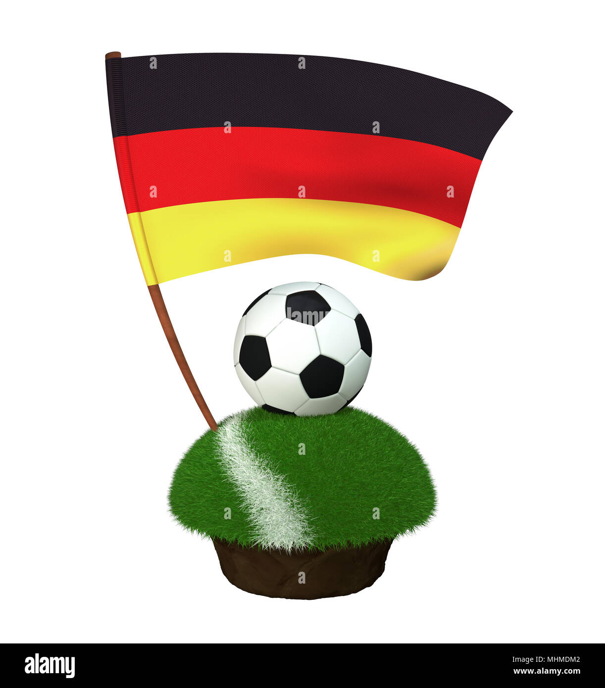 A black and white round ball for playing football and the national flag ...