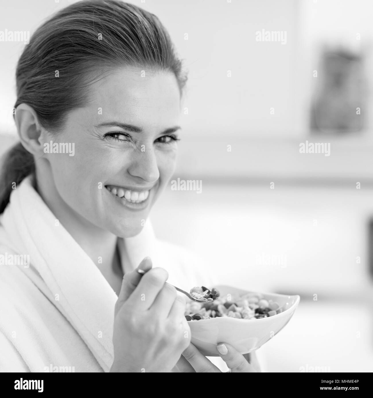 Healthy breakfast cereal fresh Black and White Stock Photos & Images ...