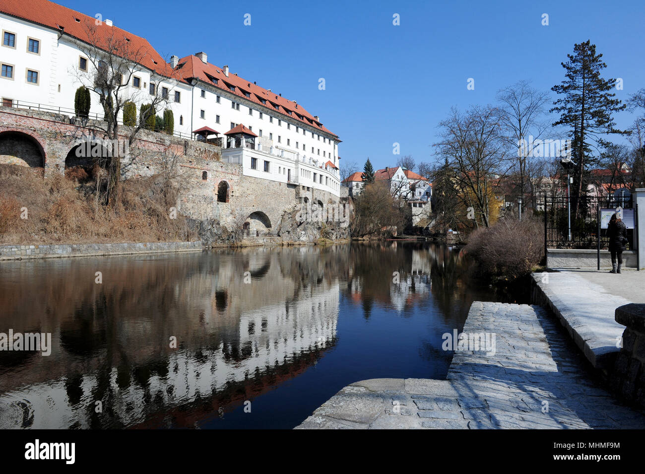 The Vltava river flowing by Cesky Krumlov. The Vltava is the longest ...