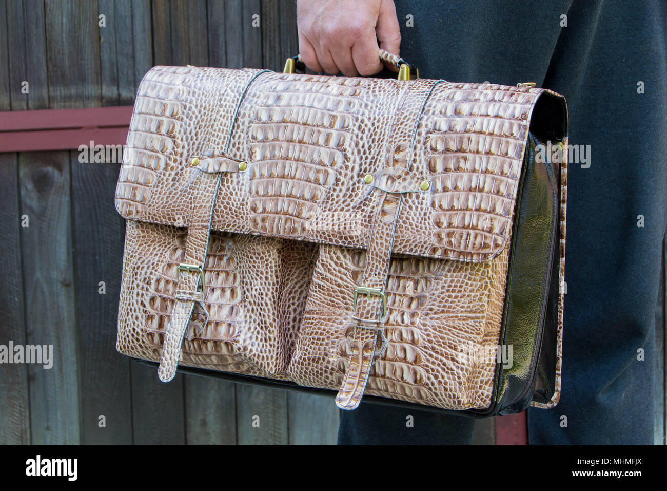 Leather crocodile travel bag. Manual production, hand made Stock Photo ...