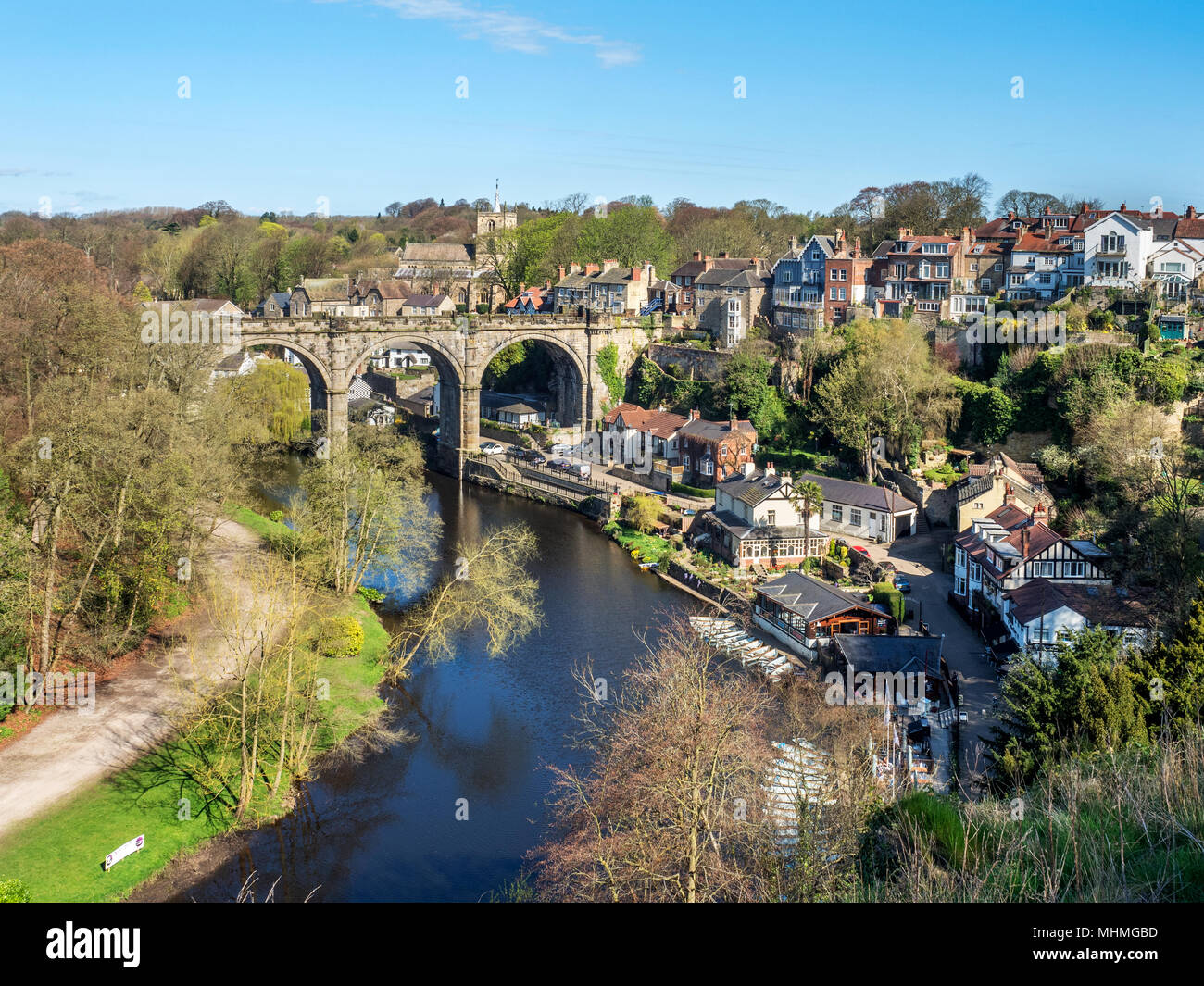 Railway viaduct over the River Nidd from the castle grounds at ...