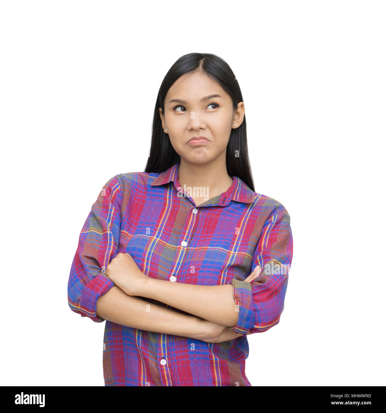 Portrait of young asian girl pout and looking up, frowning and pouting ...