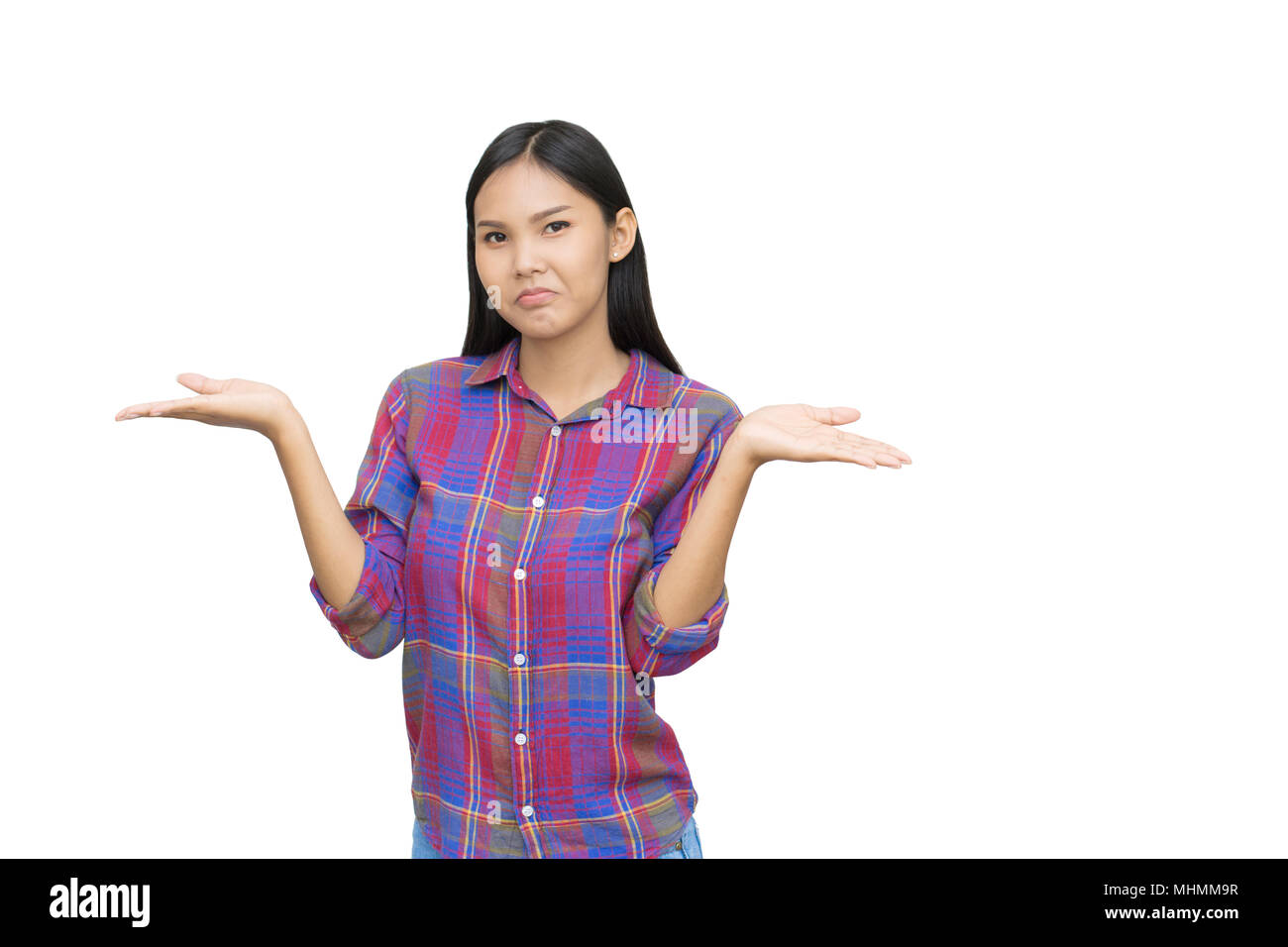 Portrait of young asian girl pout and looking up, frowning and pouting ...