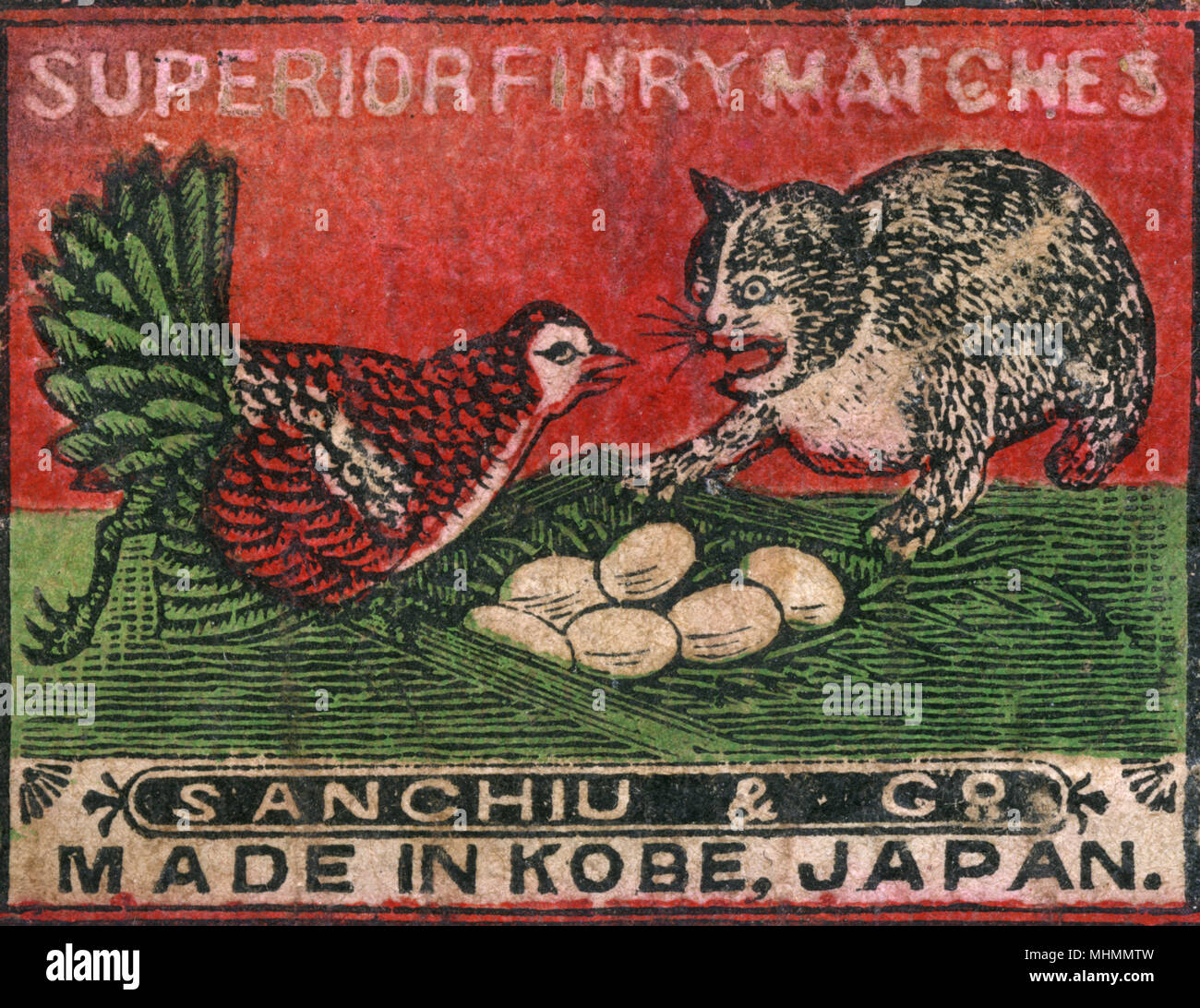 Old Japanese Matchbox label with a cat and hen fighting Stock Photo - Alamy