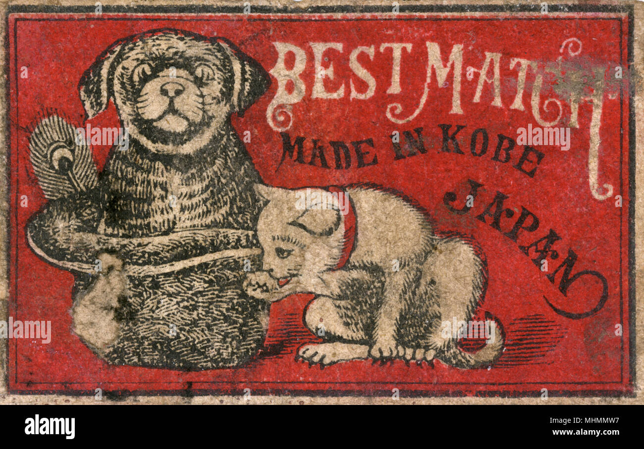 Old Japanese Matchbox label with a cat and a dog in a hat Stock Photo ...