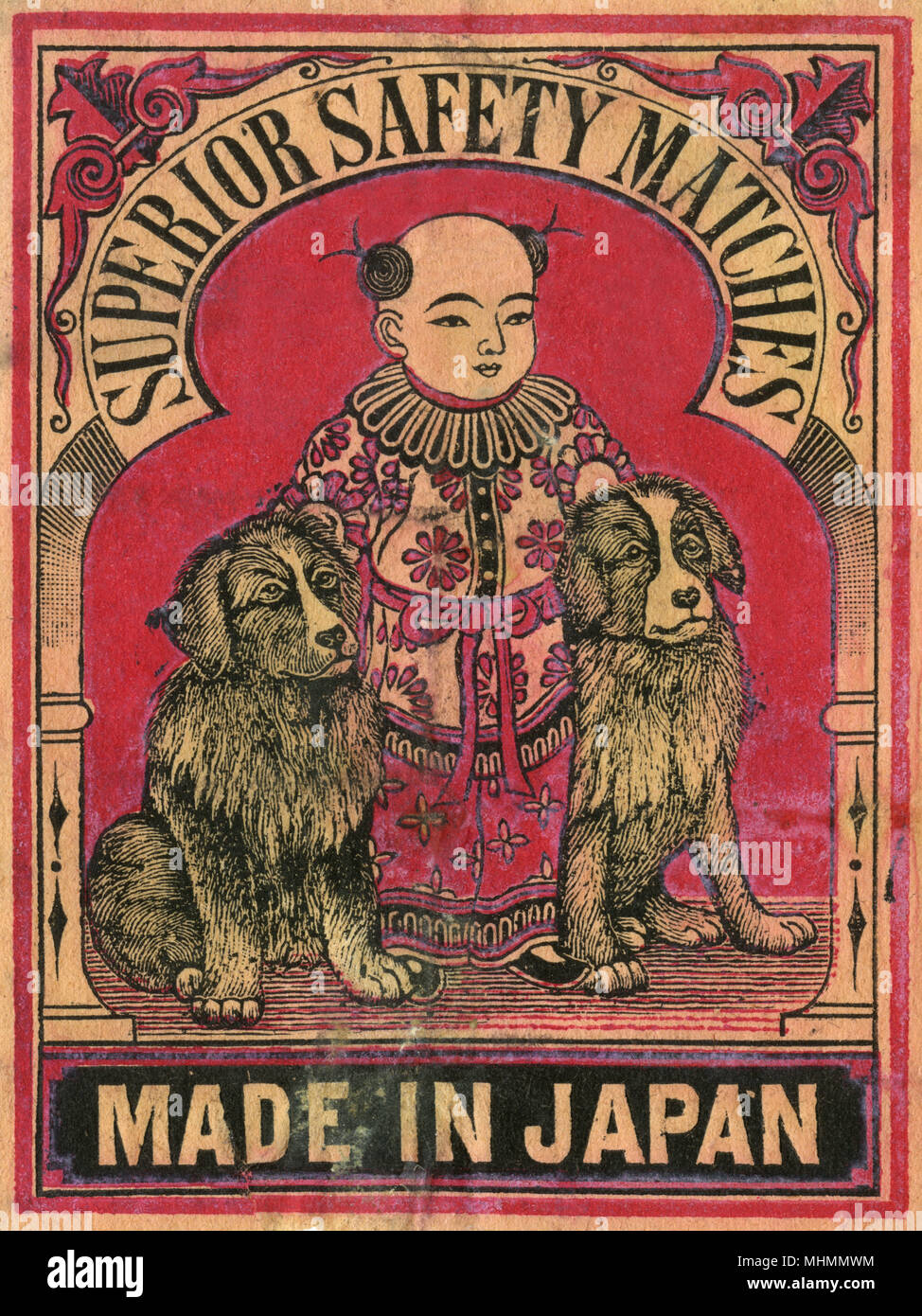Old Japanese Matchbox label with a boy and two dogs Stock Photo - Alamy