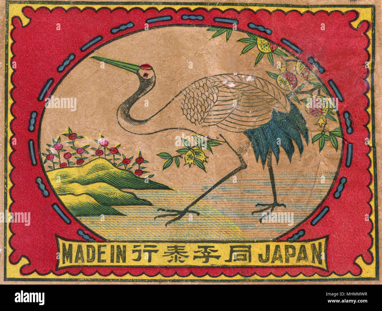 Old Japanese Matchbox label with a crane Stock Photo - Alamy