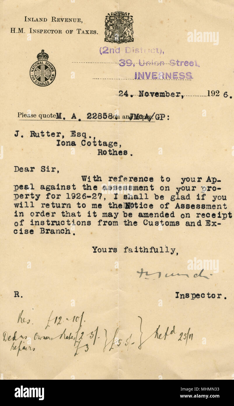 Inland Revenue letter, 1926 Stock Photo - Alamy