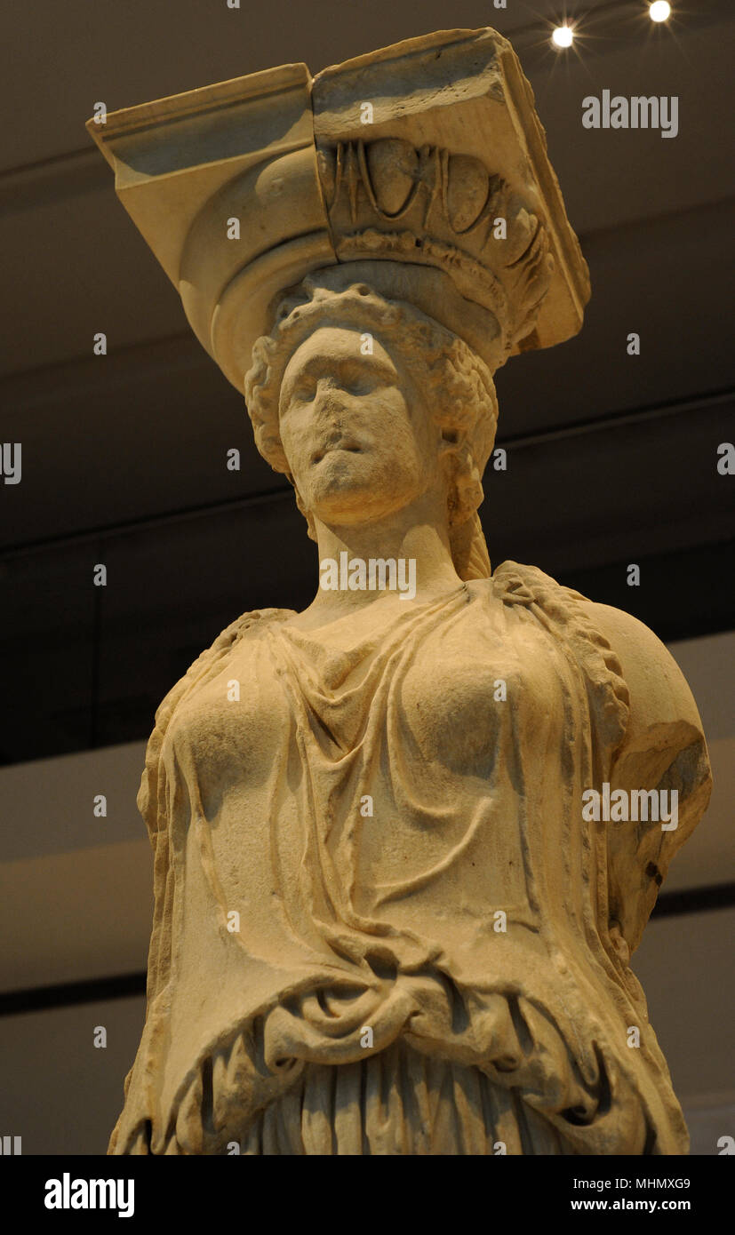 Greek art. The Caryatid Porch of the Erechtheion. Draped female figures ...