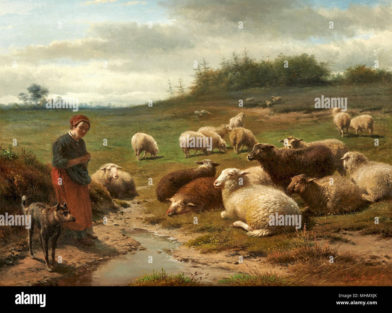 Lebret Frans - Shepherdess Her Dog And Her Flock of Sheep Stock Photo ...