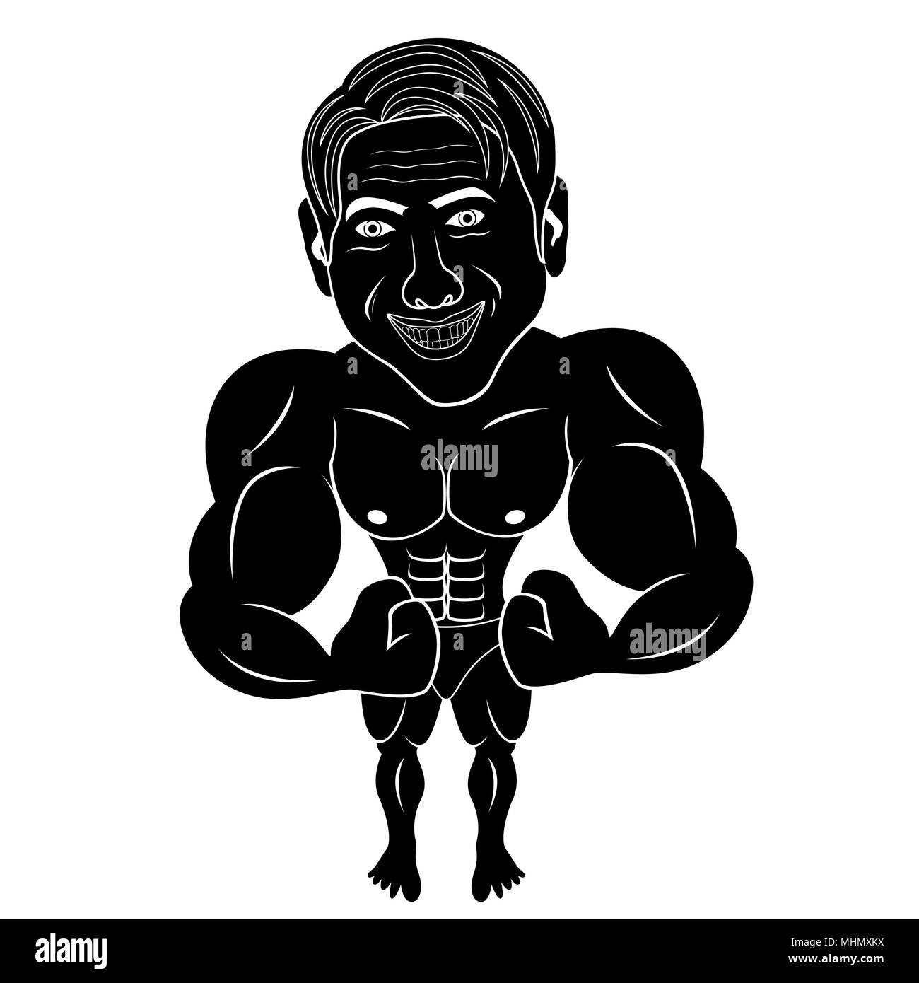 Silhouette of smiled Bodybuilder shows his muscles, cartoon stencil ...