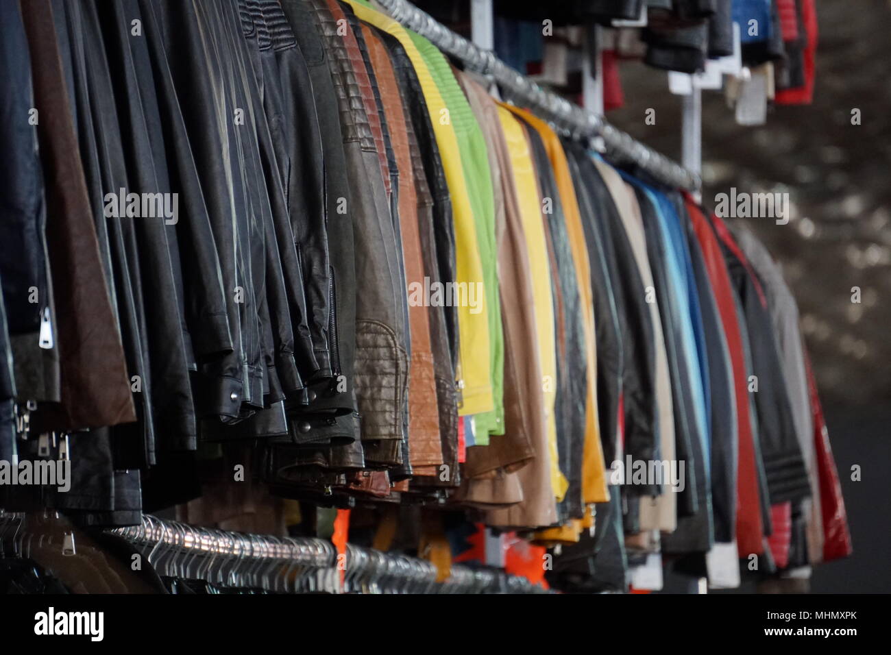 leather jackets on display for sale at shop market Stock Photo - Alamy