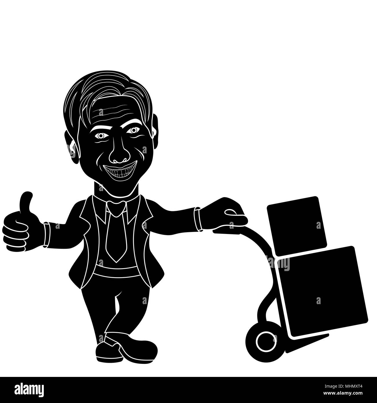 Smiling man with tie holds a cart with a load, advert conception ...