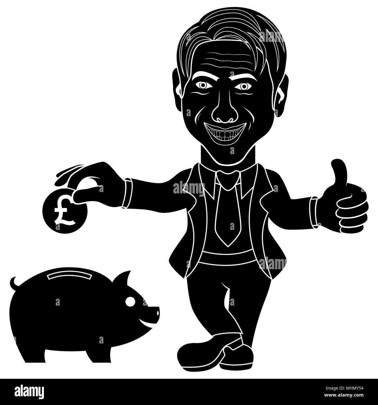 Silhouette of smiling happy man that throwing a Pound coin in the piggy ...