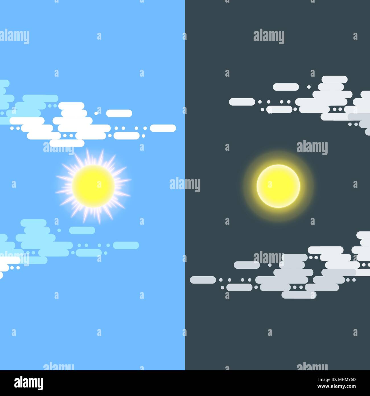 Day and night vector flat illustrations or banners. Sun and Moon. Half ...