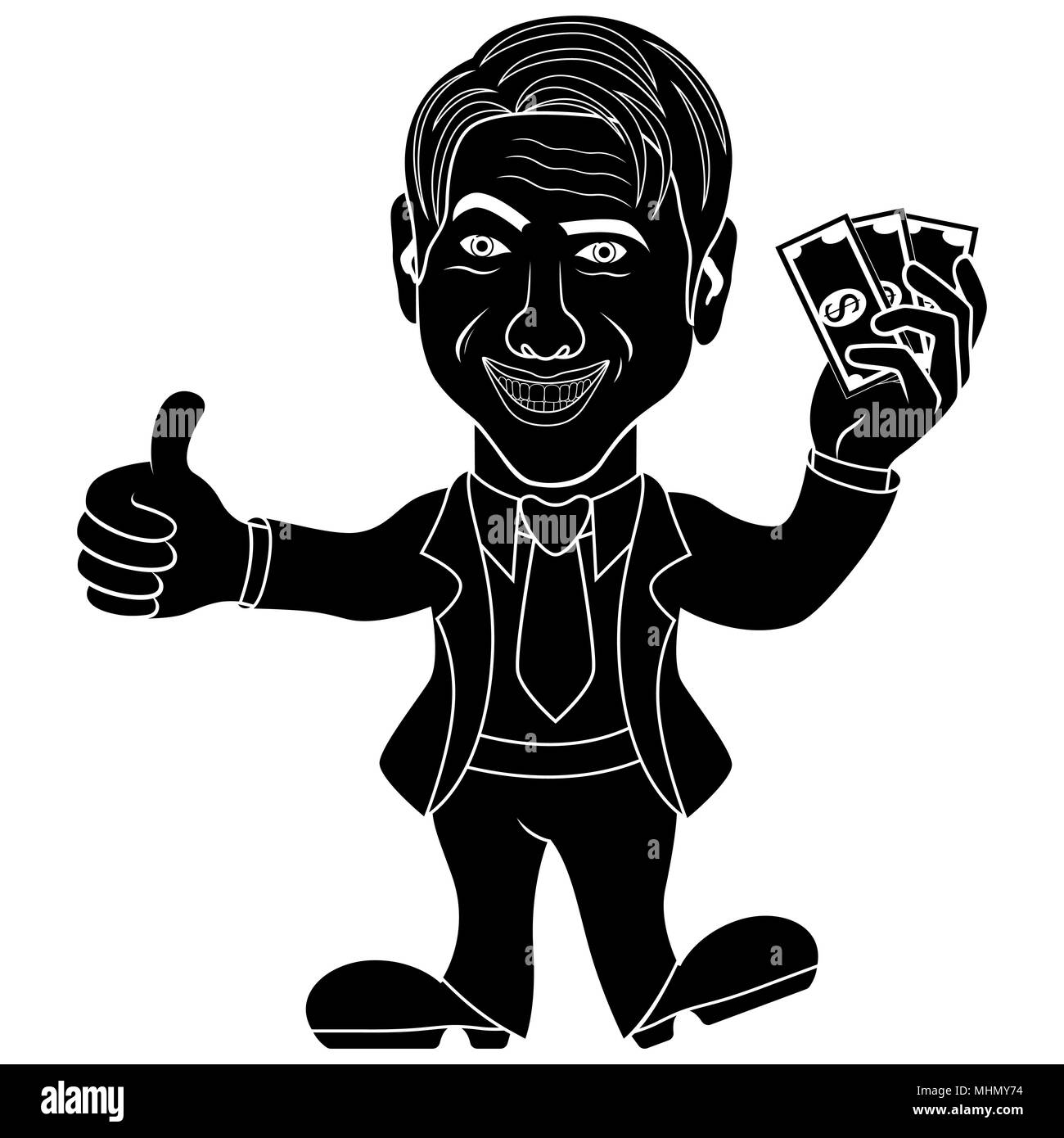 Silhouette of smiling and joyful man that holds the dollar bills ...