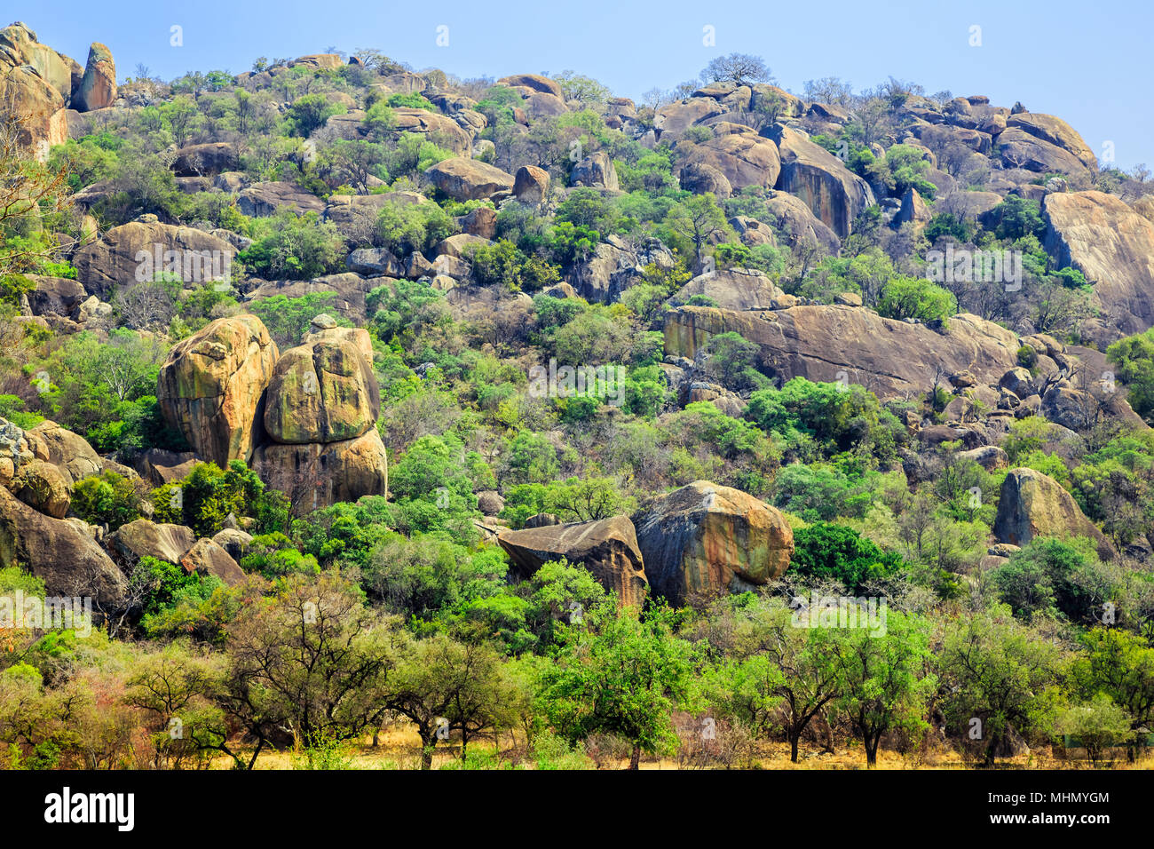 View of granite outcrops and boulders in Matobo National Park, Zimbabwe ...