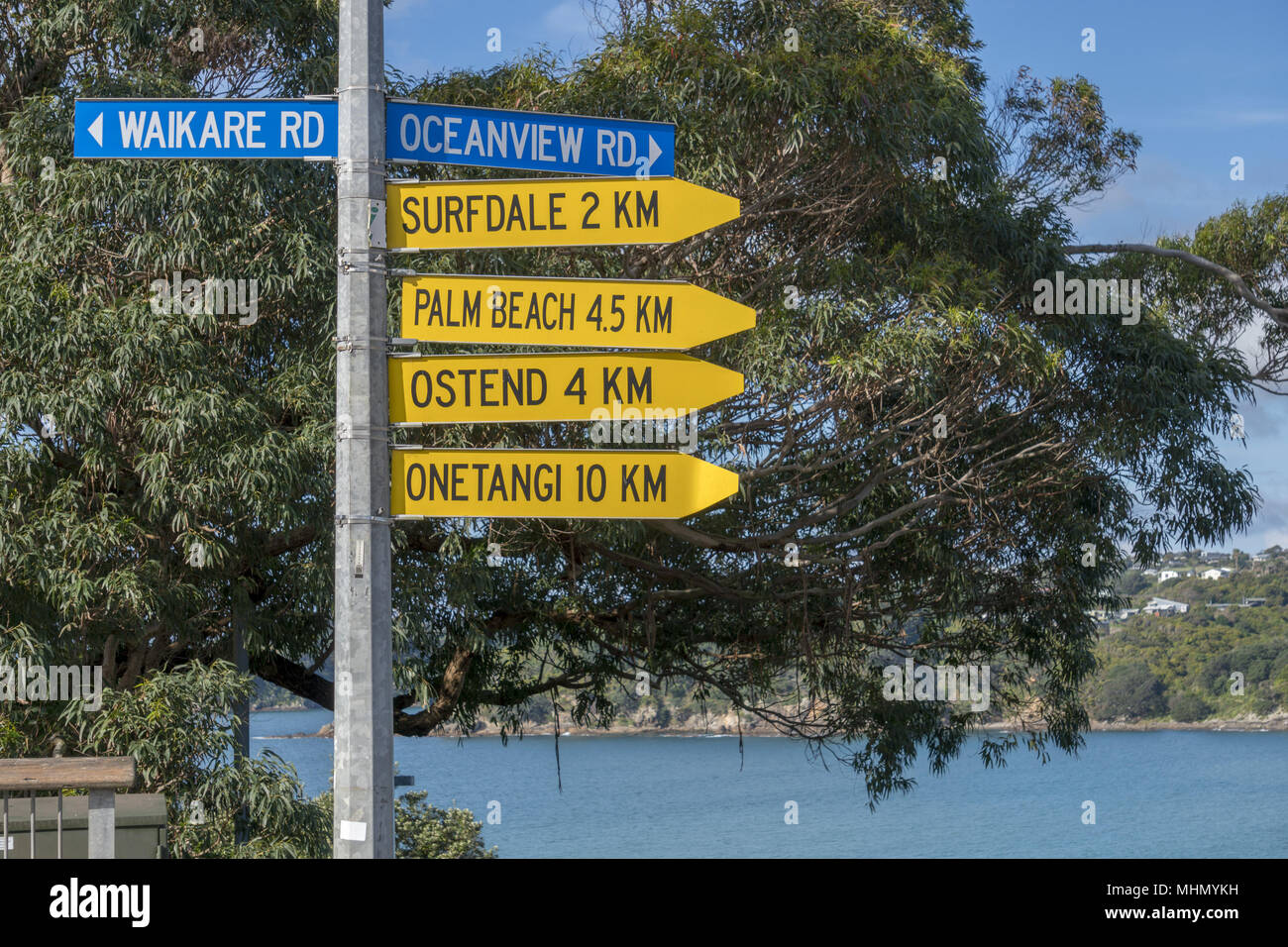 Oneroa Onetangi road sign Waiheke Island New Zealand Stock Photo - Alamy