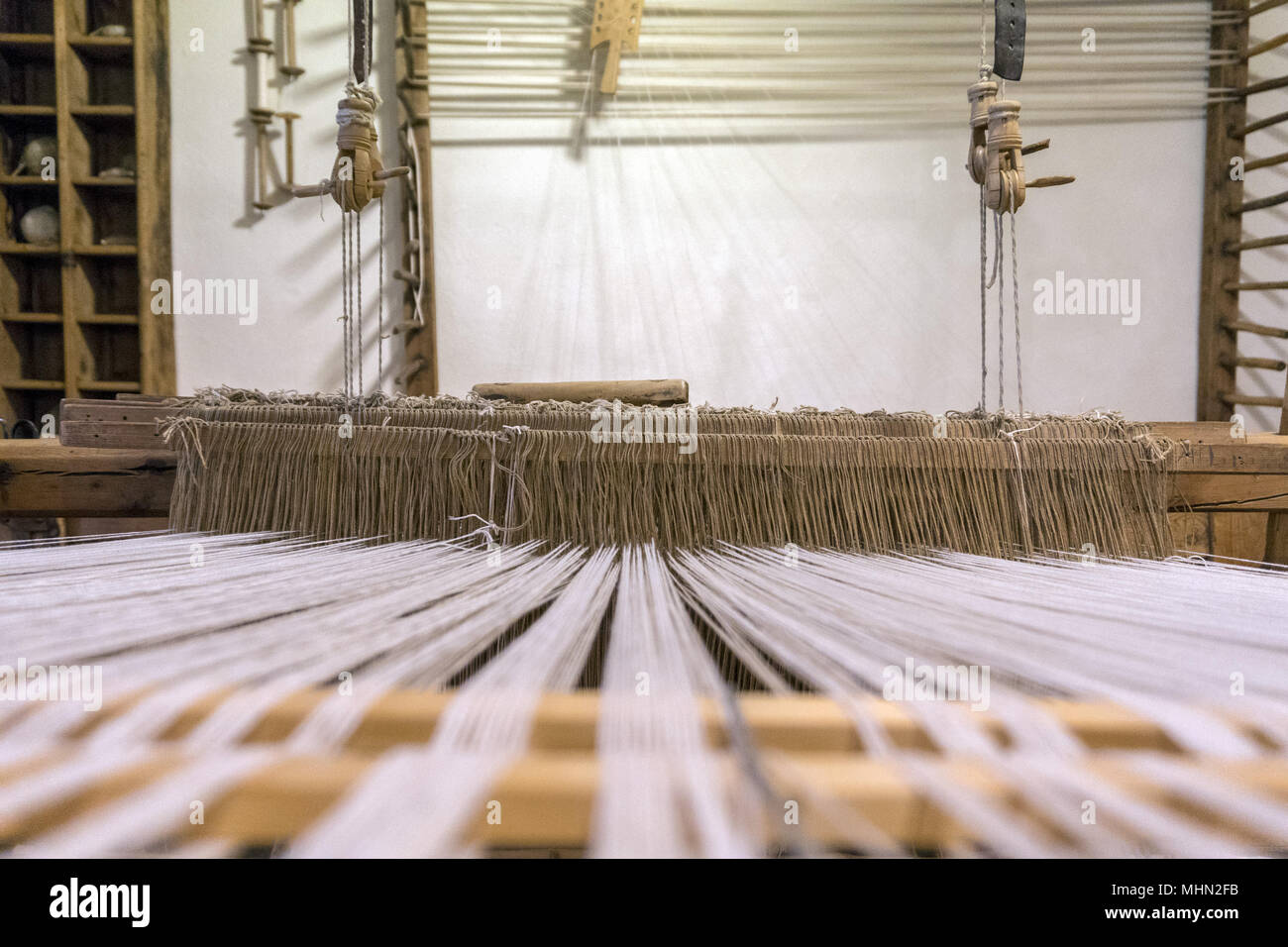 vintage old loom weaving machine close up Stock Photo - Alamy