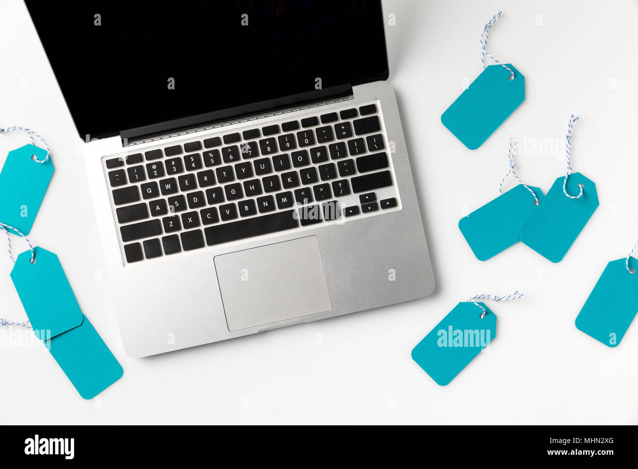 laptop and blank labels Stock Photo - Alamy