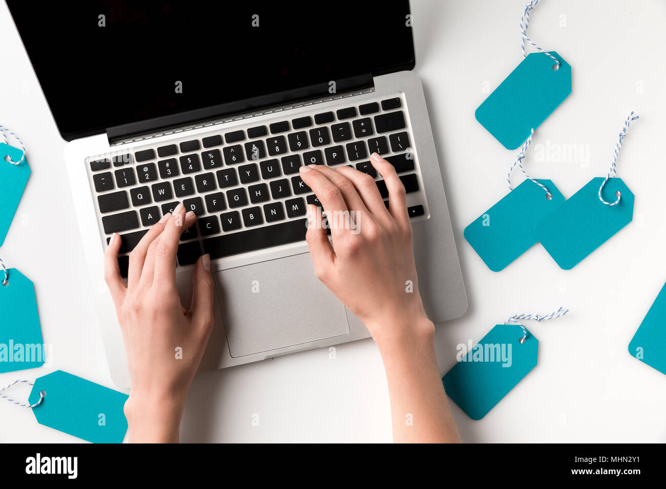 laptop and blank labels Stock Photo - Alamy