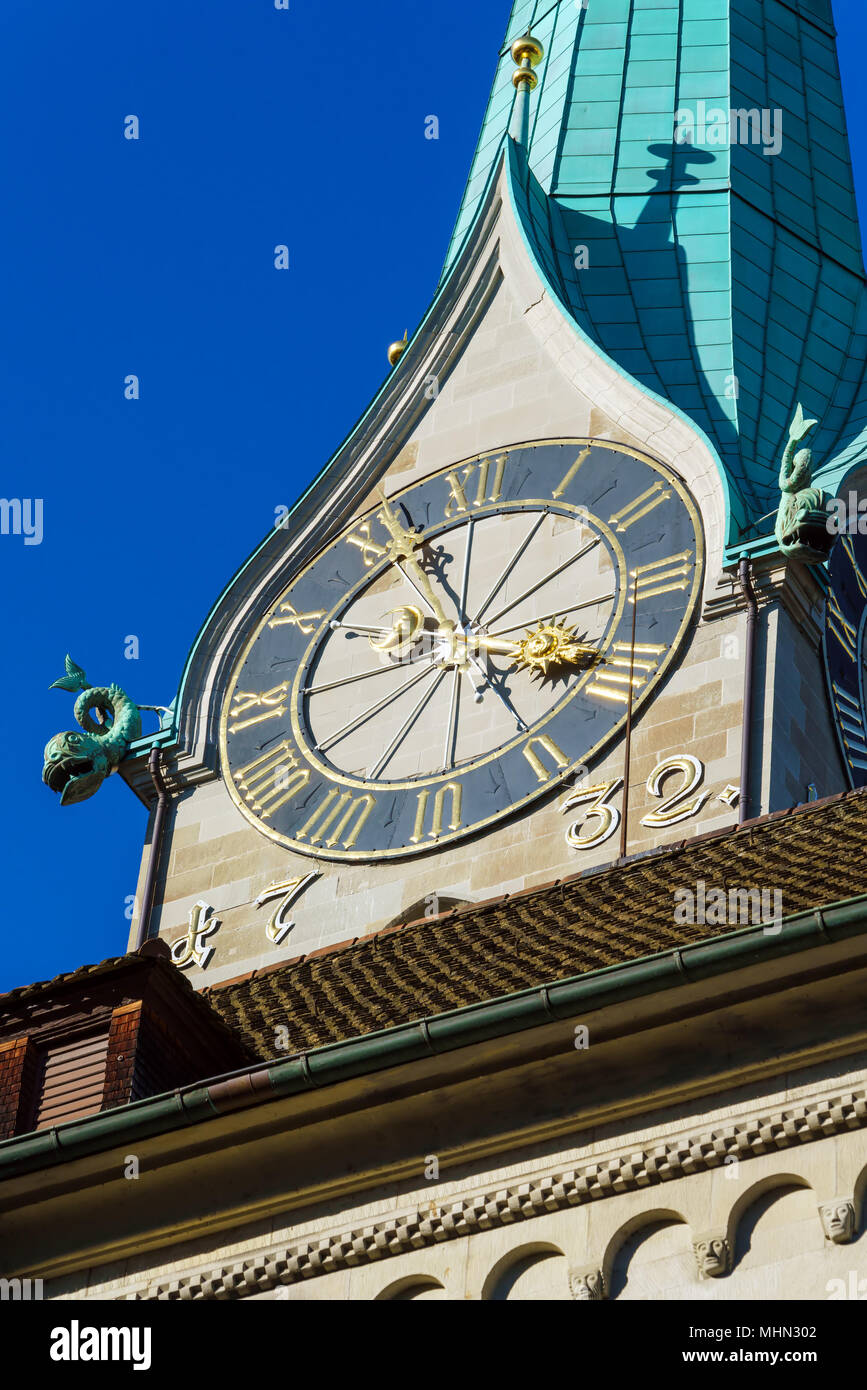 Old tower clock of Fraumunster church, Zurich, Switzerland Stock Photo ...