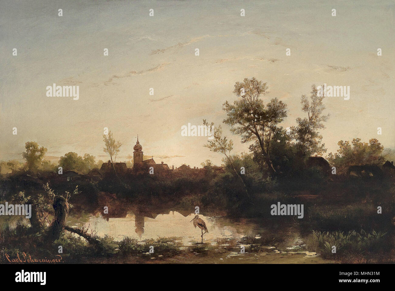 Schweninger I Carl - Sunset with Stork Silhouette of a Village in the ...
