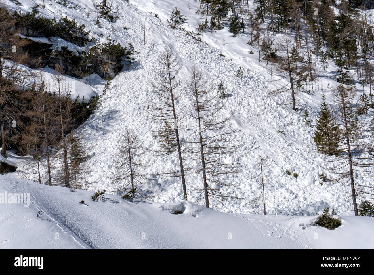 Avalanche snow slide mountain panorama landscape in dolomites Stock ...