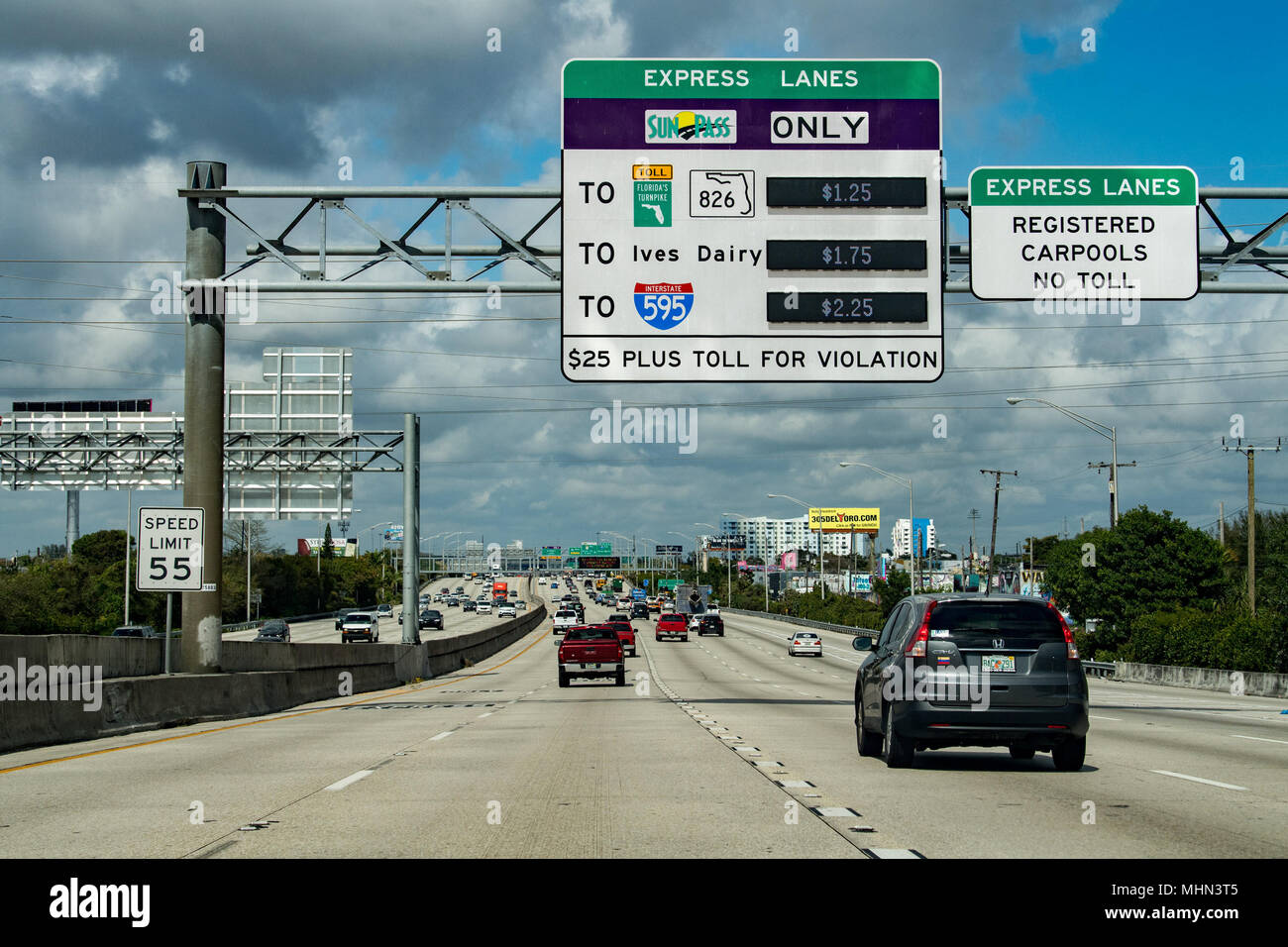 MIAMI, USA - FEBRUARY 7, 2017 - Florida congested highways with many ...