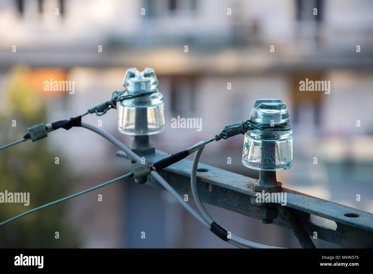 old power lines cables connection detail close up Stock Photo - Alamy