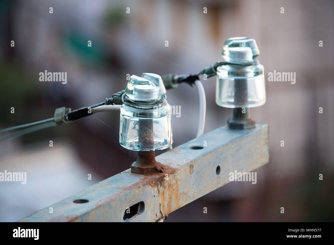 old power lines cables connection detail close up Stock Photo - Alamy