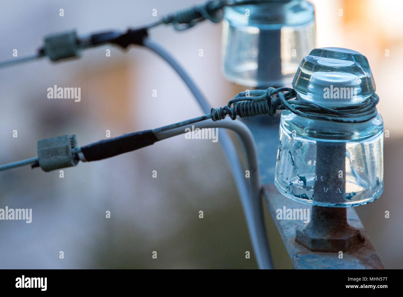 old power lines cables connection detail close up Stock Photo - Alamy