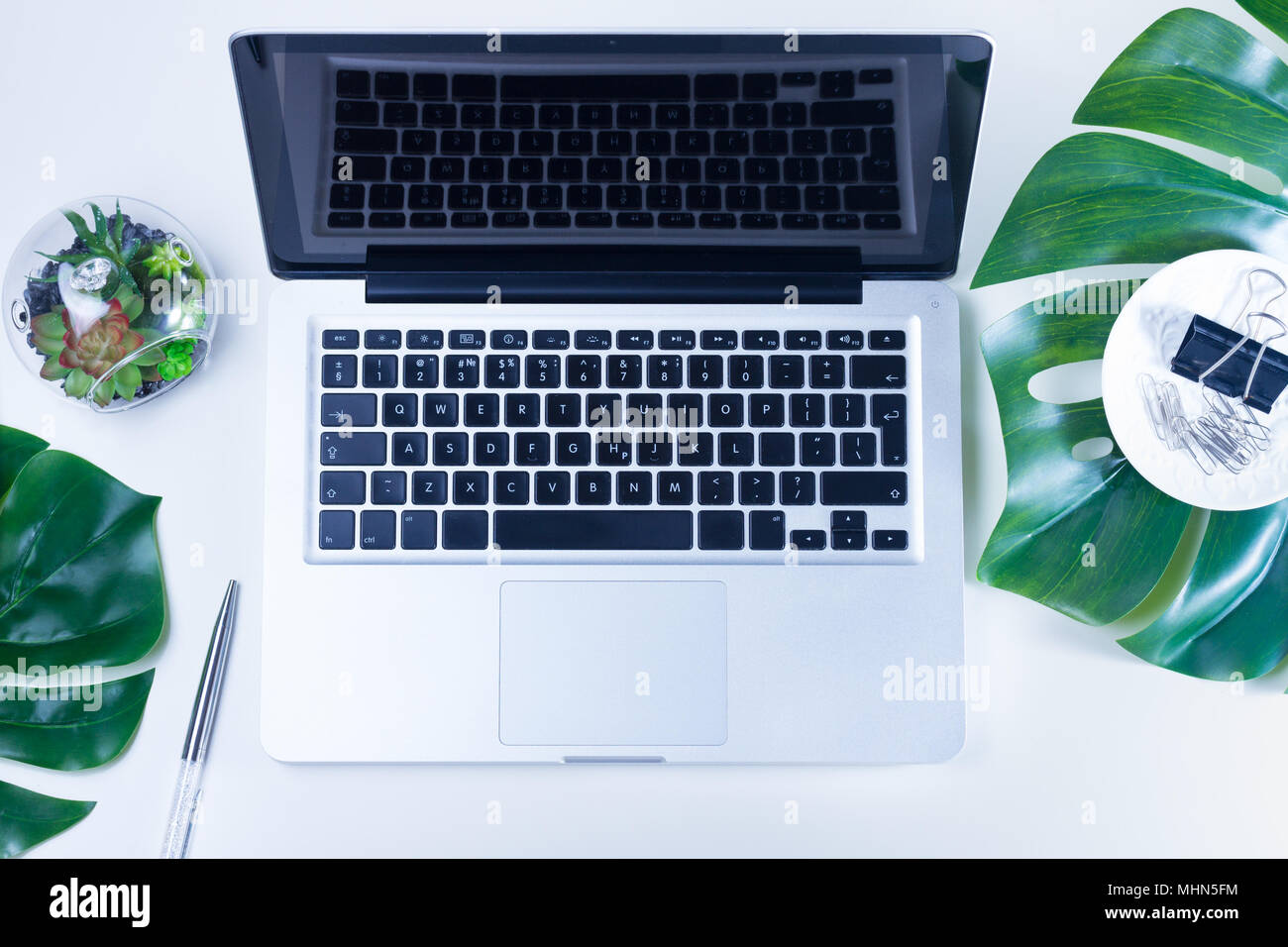 Flat lay home office workspace with laptop and green leaves over white ...