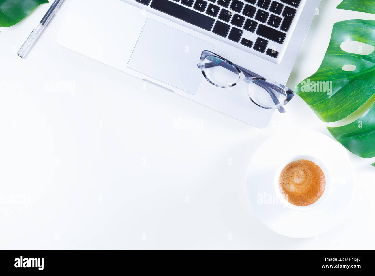 Flat lay home office workspace with laptop and green leaves over white ...
