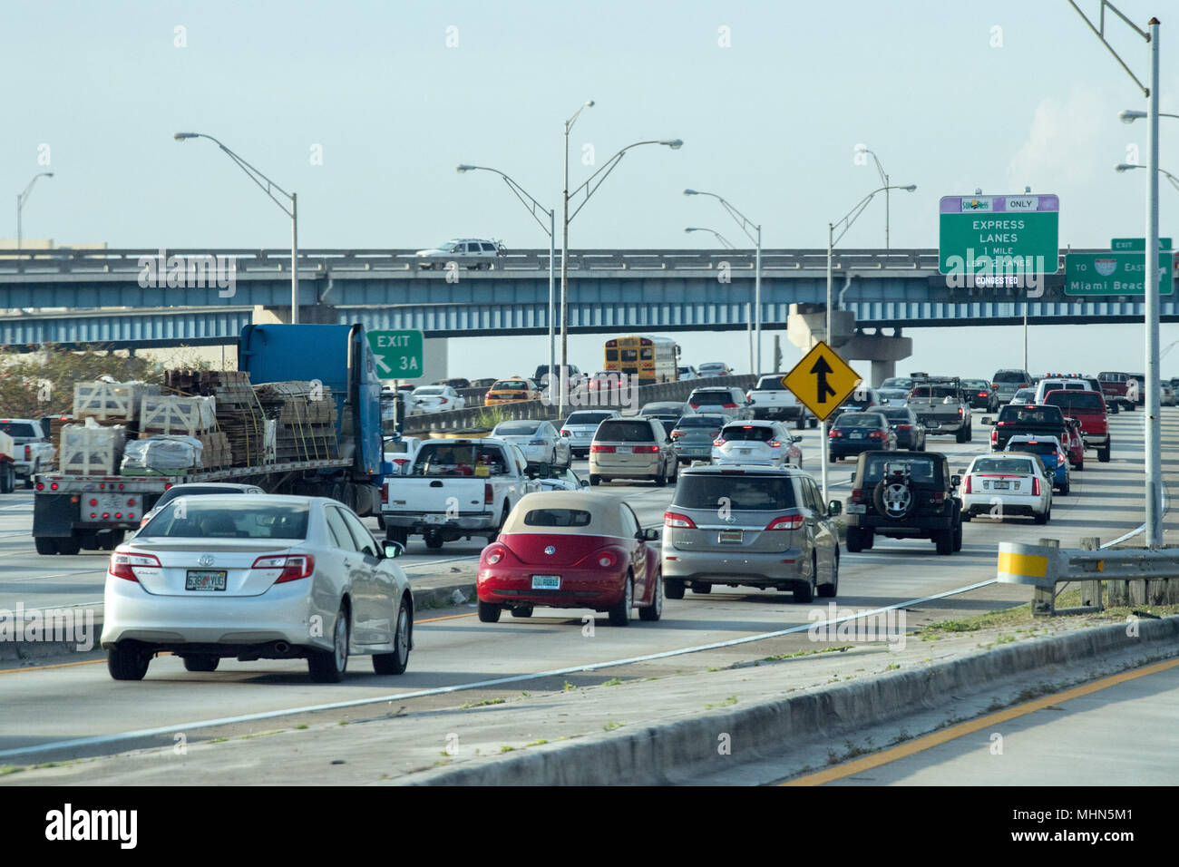 MIAMI, USA - FEBRUARY 9, 2017 - Miami Florida congested highways with ...