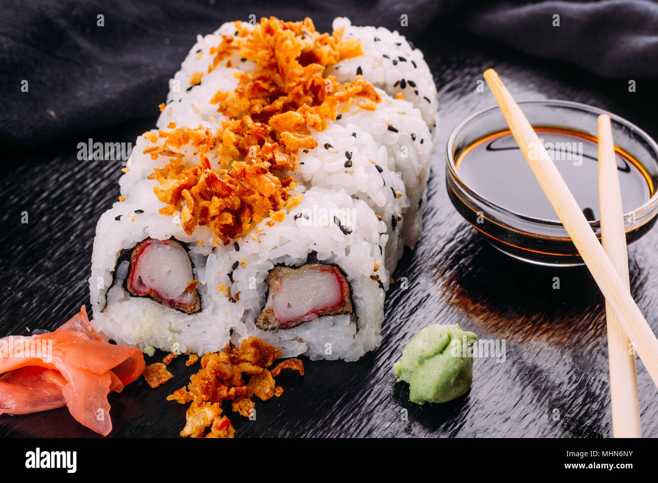 Sushi roll served with wasabi and ginger Stock Photo - Alamy