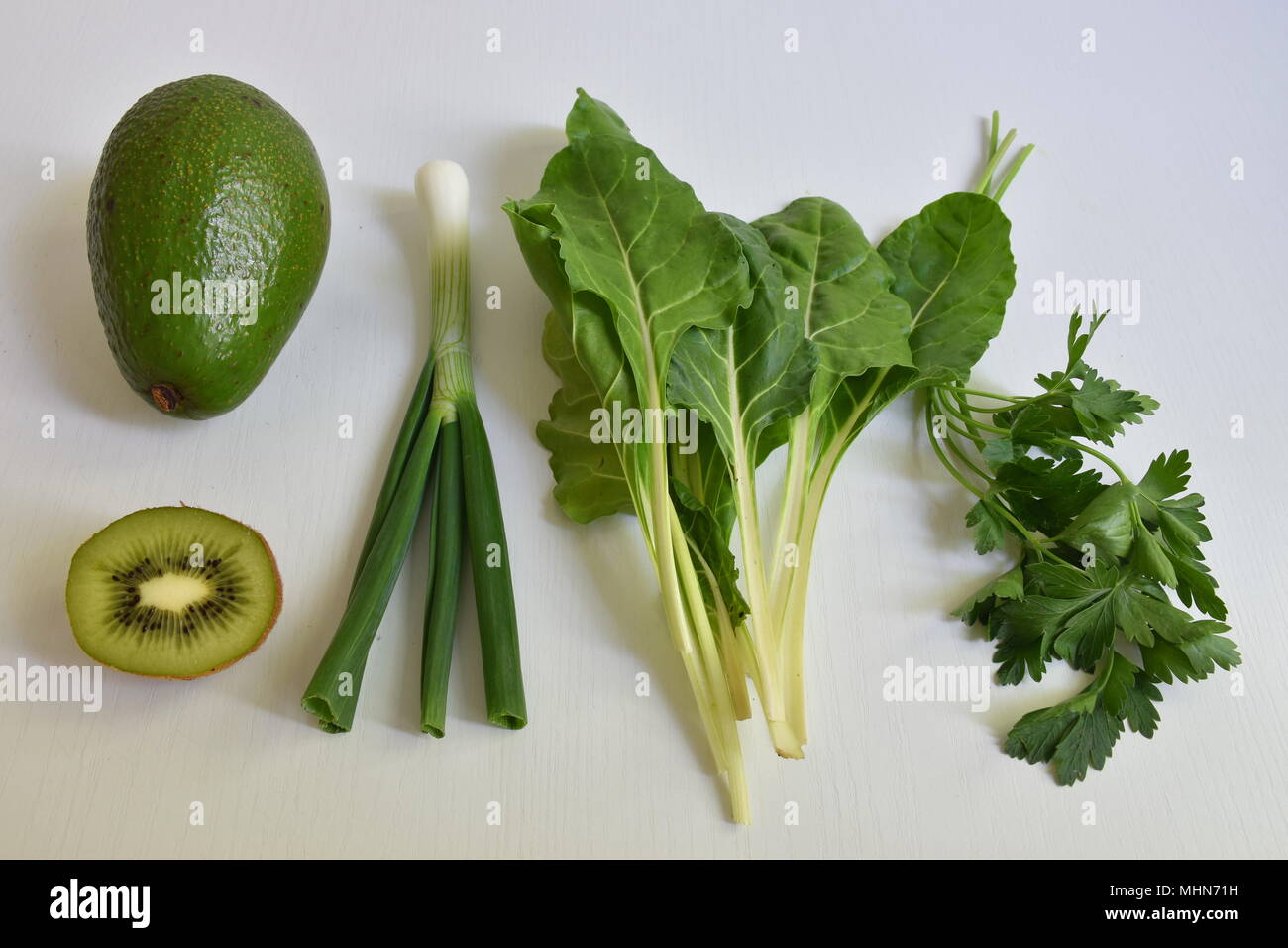 High angle of food on white background Stock Photo - Alamy