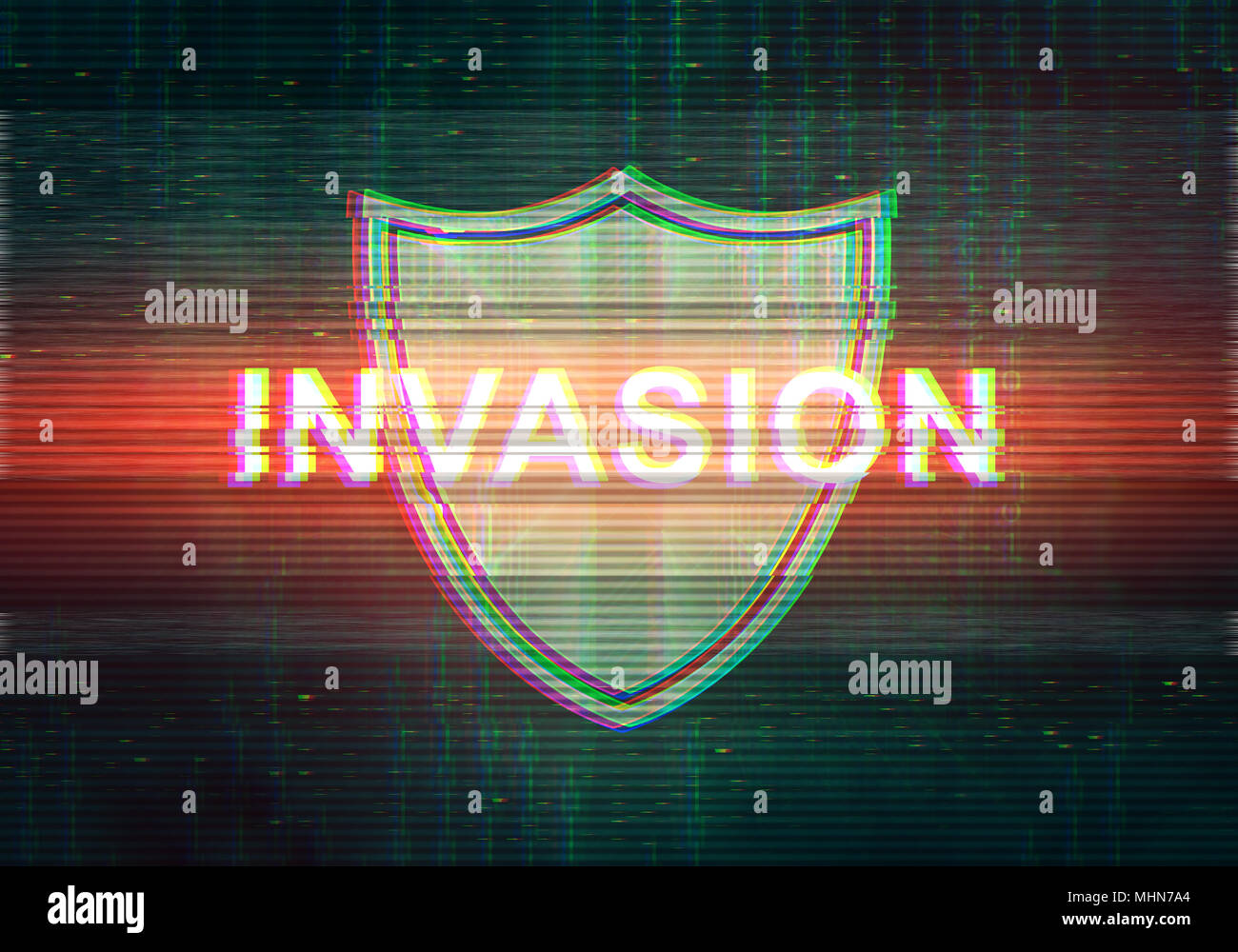 Abstract illustration of distorted display screen with red light spot ...