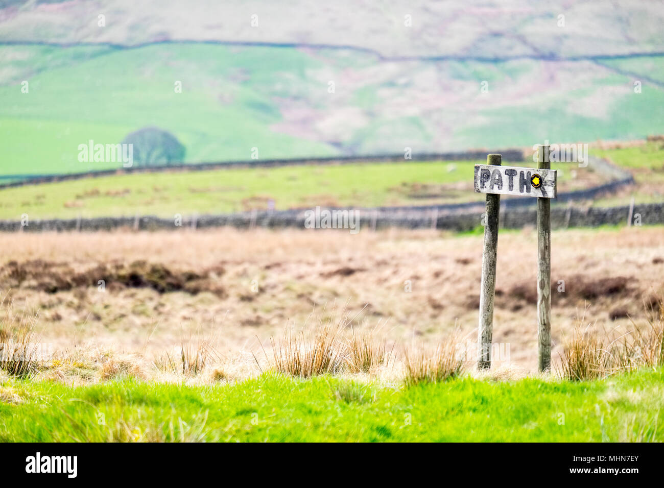 Hand painted 'path' sign , Peak District Stock Photo - Alamy