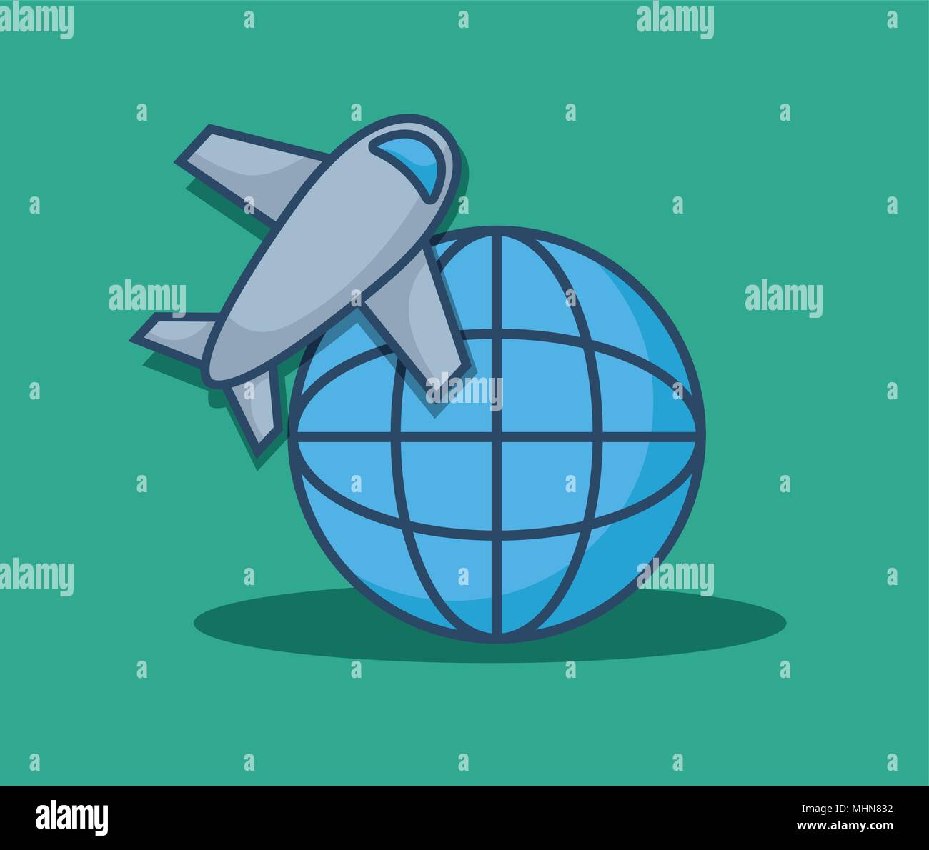 global sphere with airplane over green background, colorful design ...