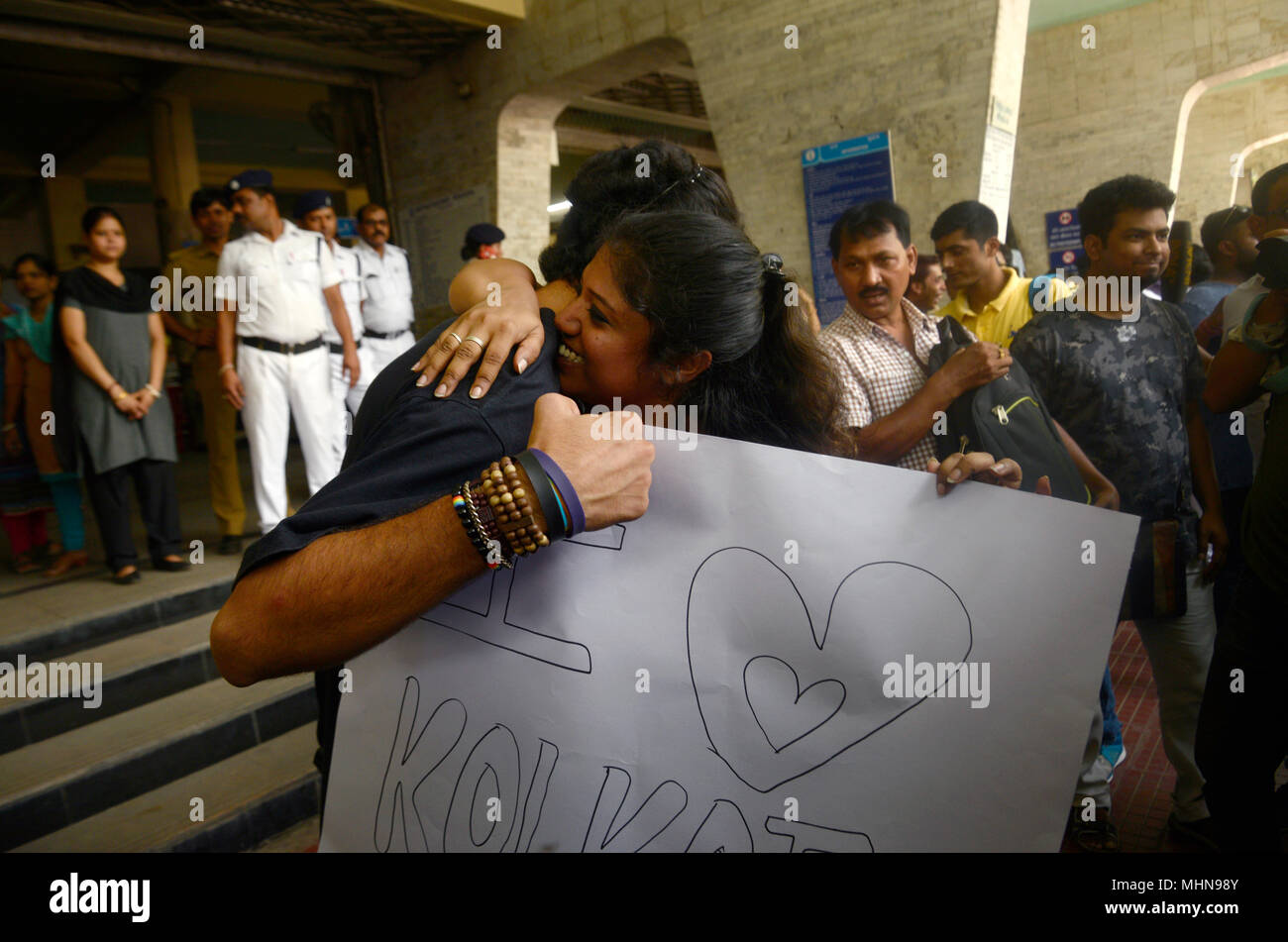 Kolkata, India. 02nd May, 2018. Activist holds poster hug each other ...