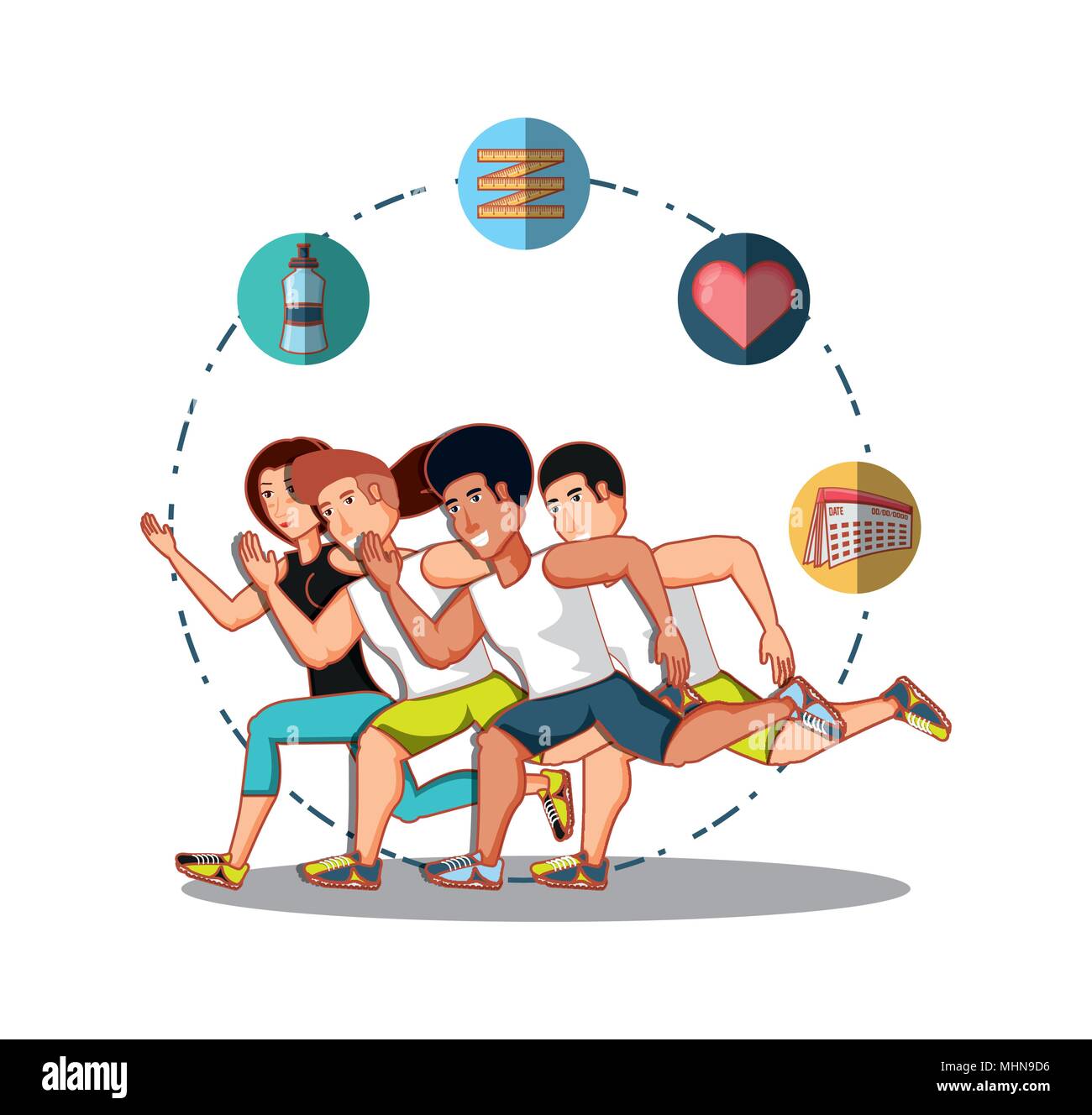 young athletes training sport with healthy lifestyle icons vector ...