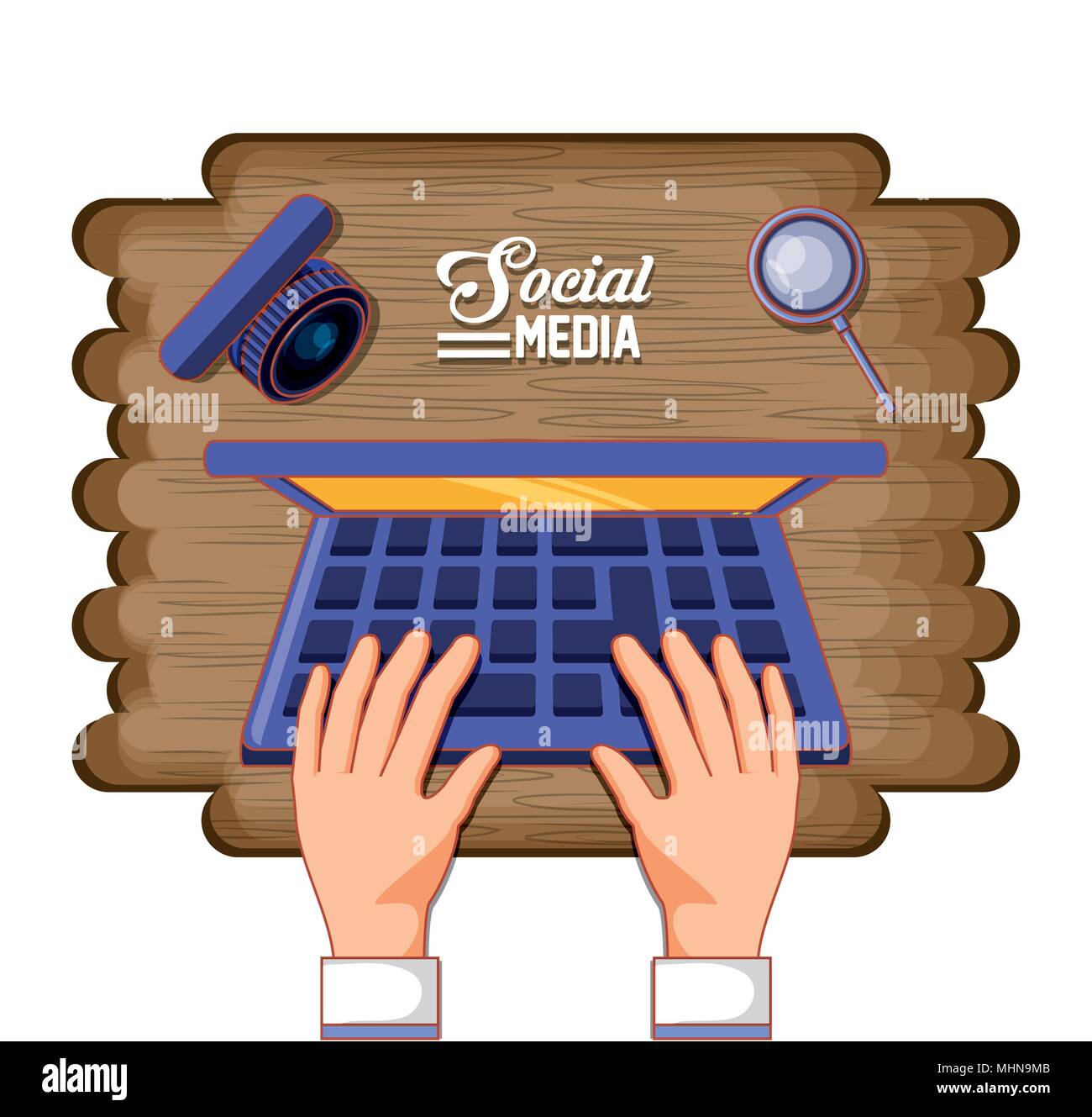 hands with laptop computer and social media icons in wooden background ...