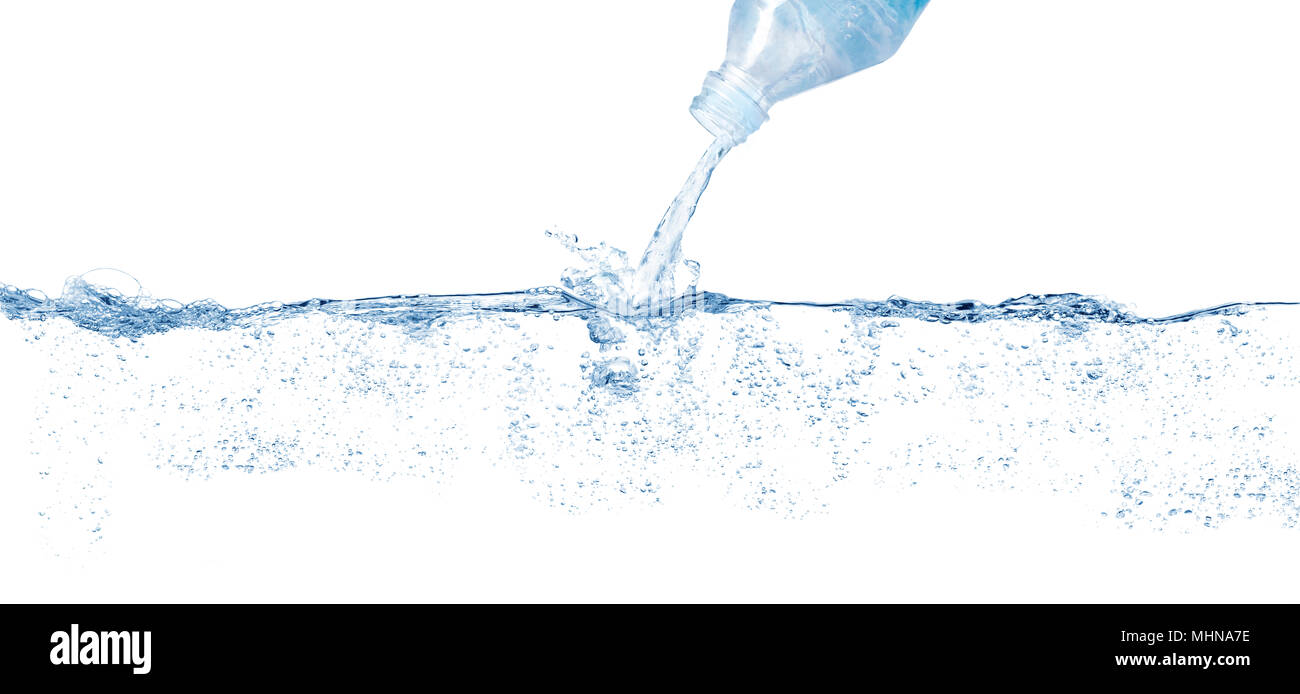 Large water line. Water surface and bottle pouring water against white ...