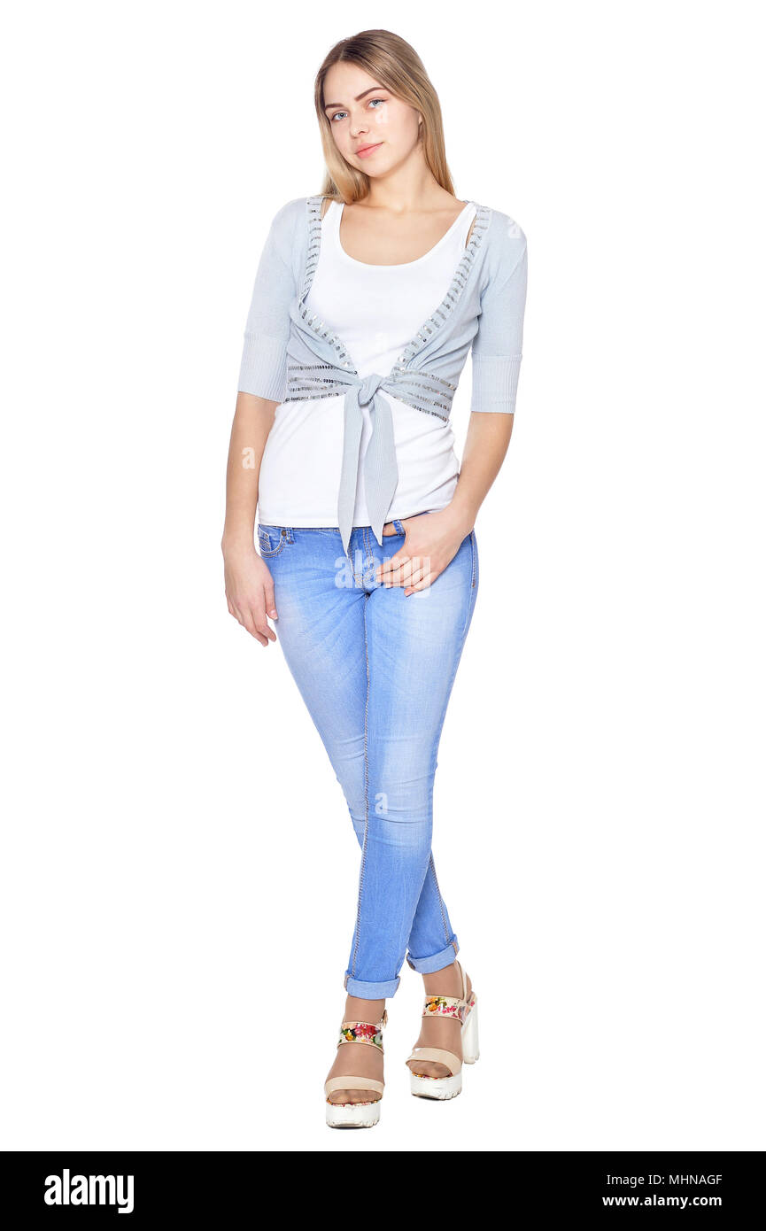 beautiful woman in jeans posing Stock Photo - Alamy