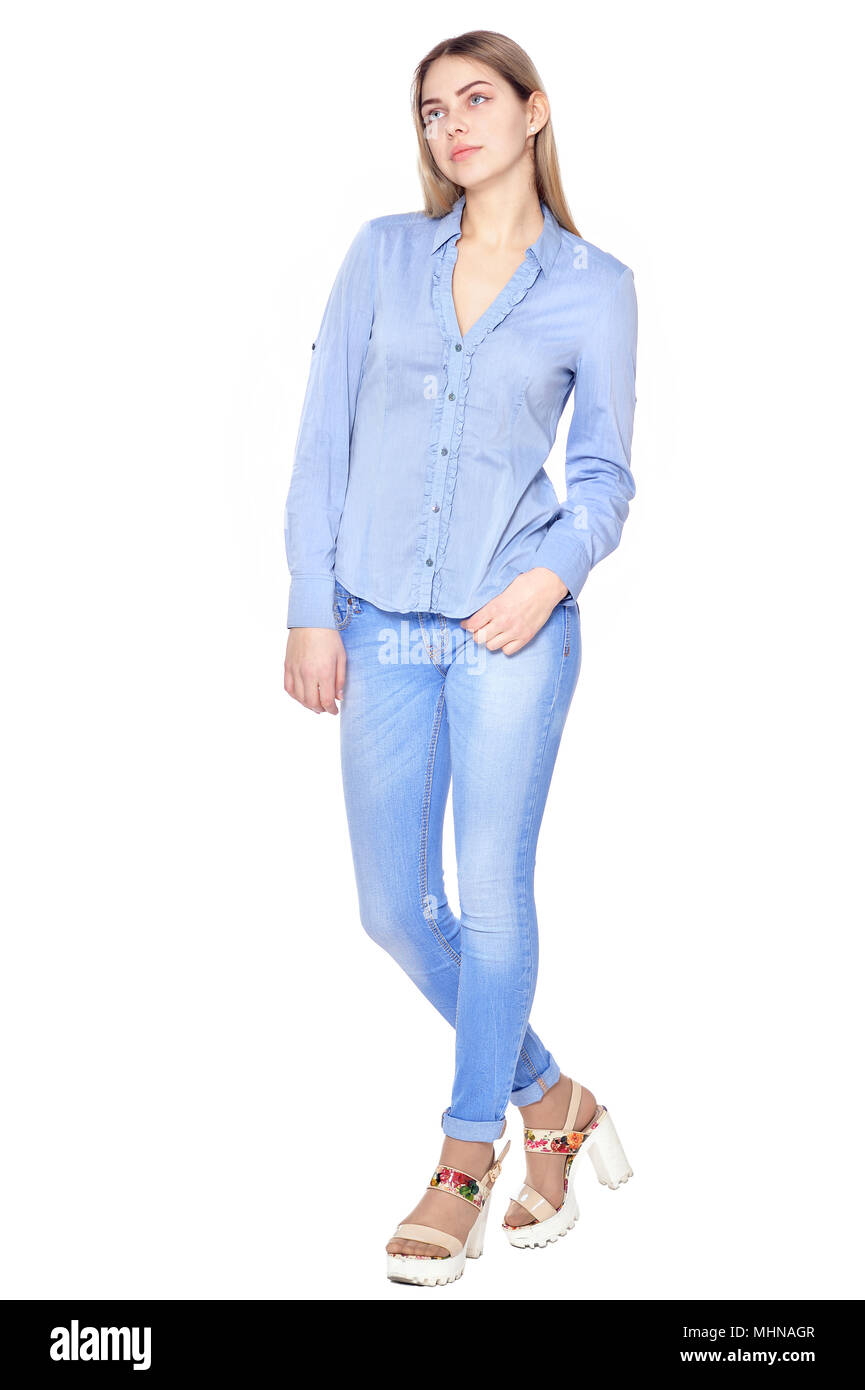 beautiful woman in jeans posing Stock Photo - Alamy