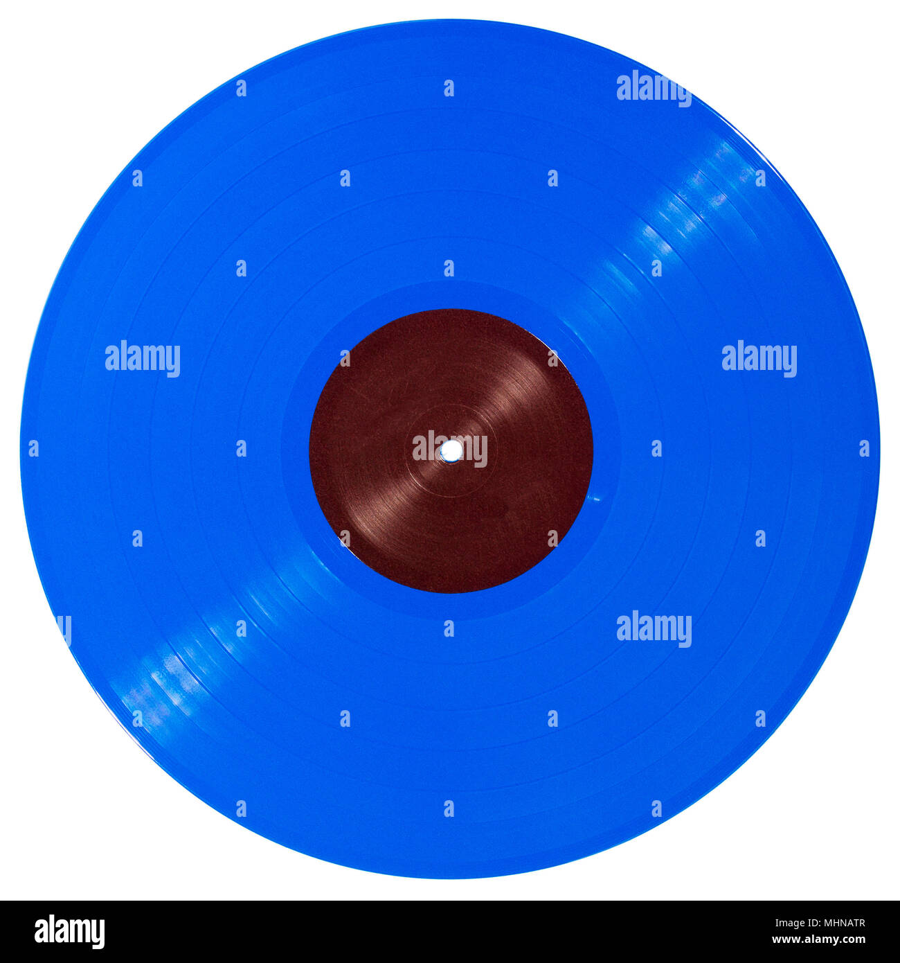 Blue vinyl record disc with brown paper label isolated on white ...
