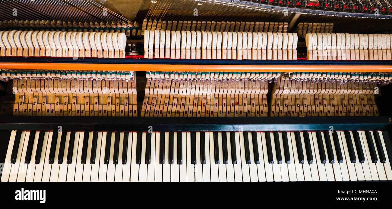 Close up image of interior of grand piano showing strings and structure ...